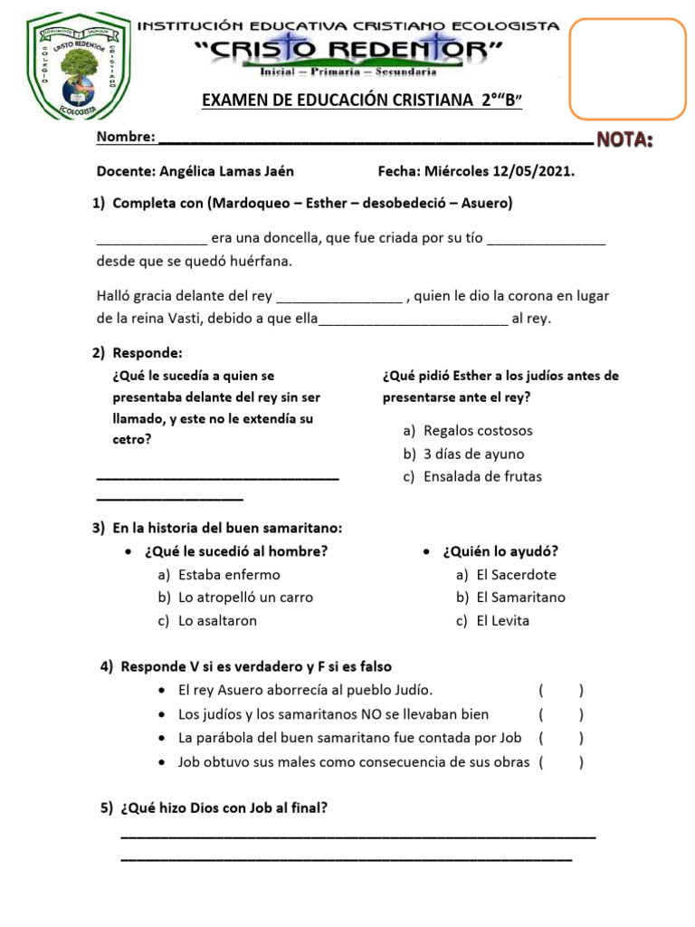 Examen de Educación Cristiana | PDF