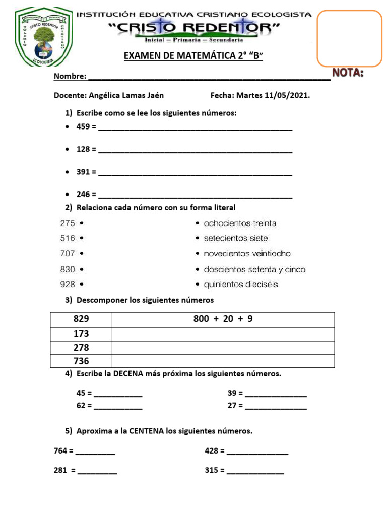 Examen Matemáticas 2° Grado | PDF