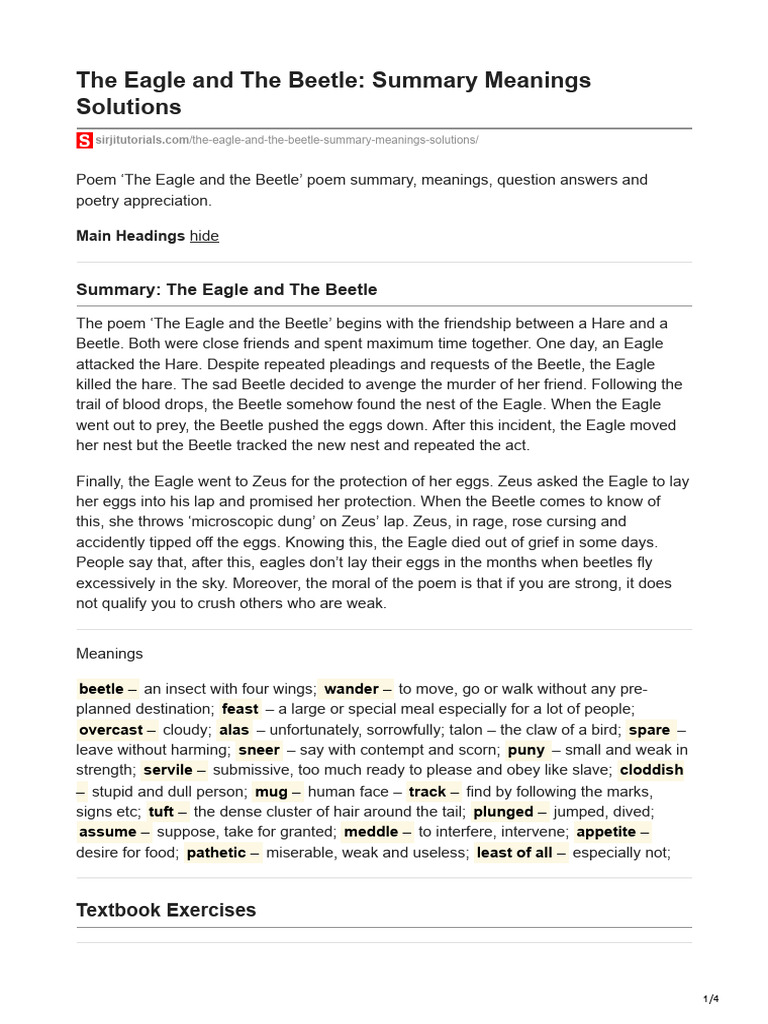 The Eagle and The Beetle Summary Meanings Solutions | PDF