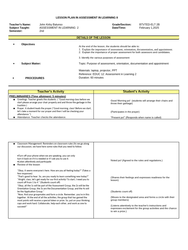 4a's LP Format (John Kirby B. Balunso) | PDF | Teachers | Education Theory