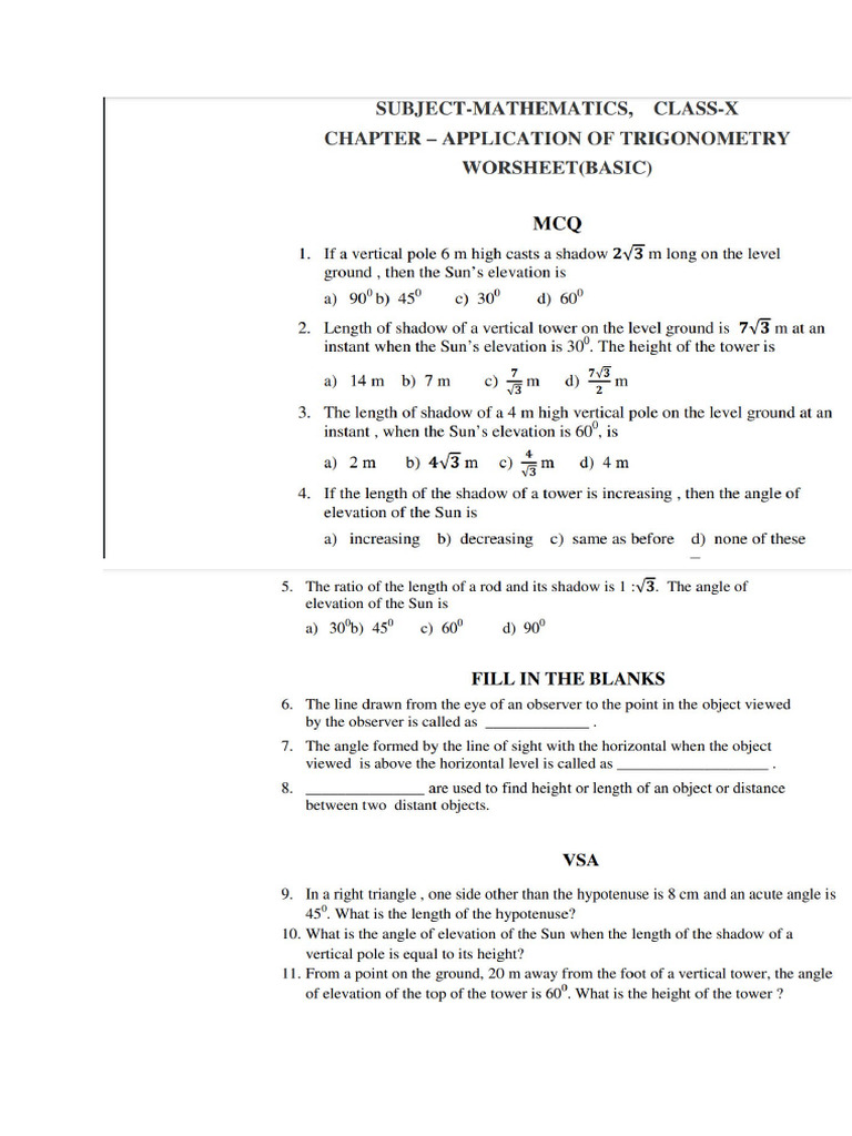 Applications of Trigonometry Basic Worksheet | PDF