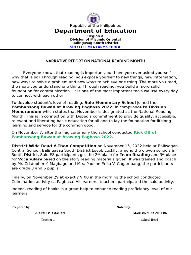Narrative Report-Reading '22-23 | PDF