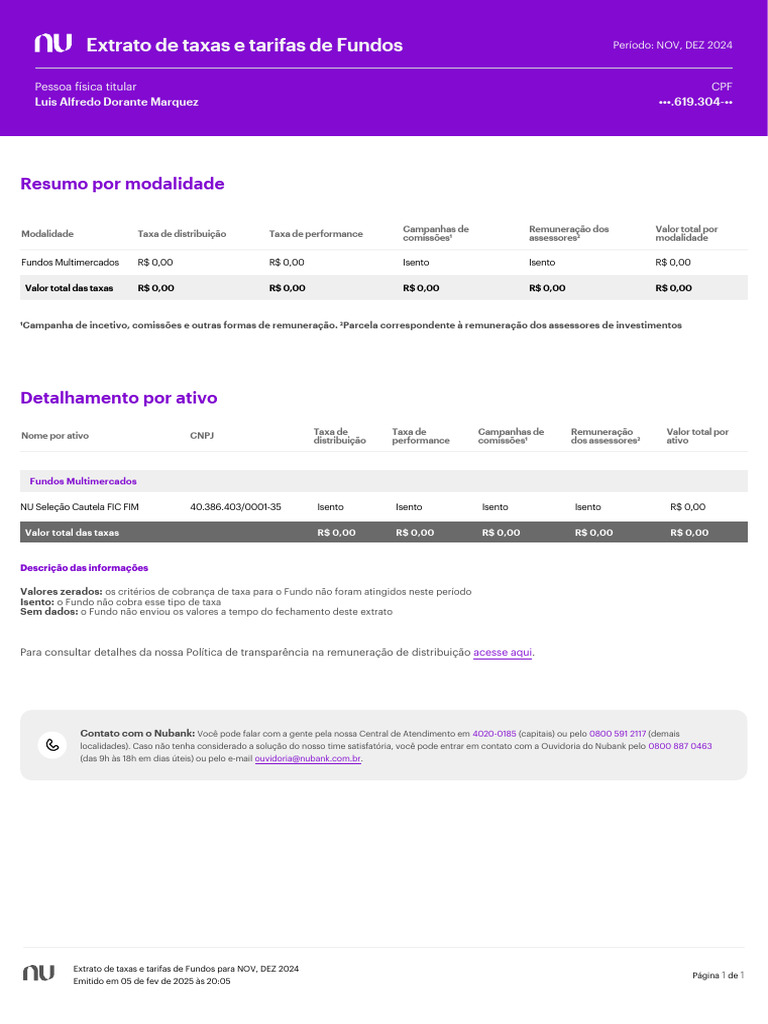 Nubank Extrato de Taxas e Tarifas de Fundos NOV DEZ-2024 | PDF