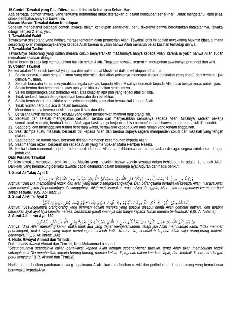 15 Contoh Tawakal Yang Bisa Diterapkan Di Dalam Kehidupan Sehari | PDF