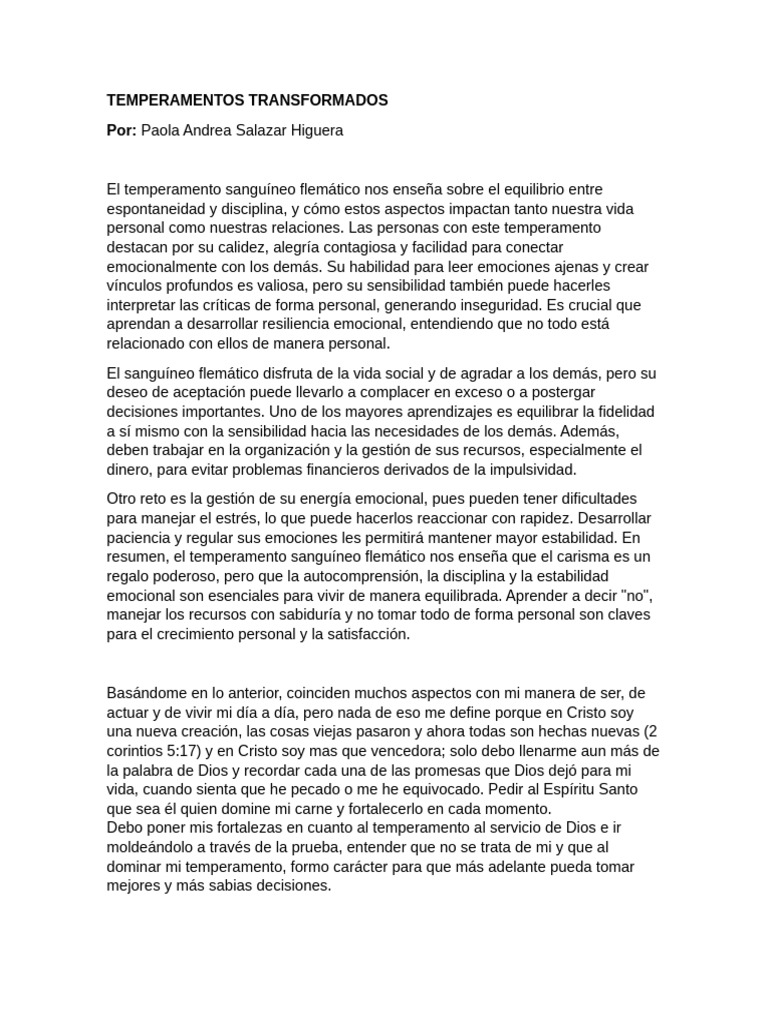 TEMPERAMENTOS TRANSFORMADOS - Paola Salazar | PDF | Las emociones ...