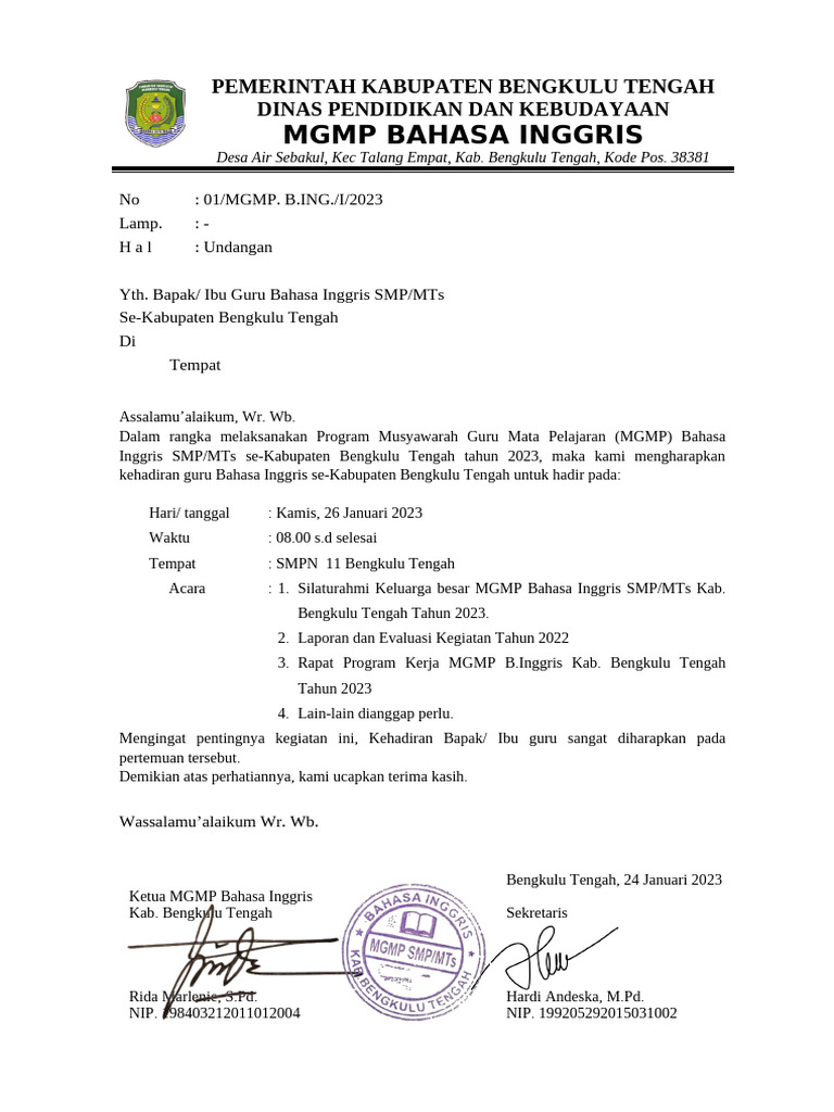 Undangan Pengurus MGMP 2023 | PDF