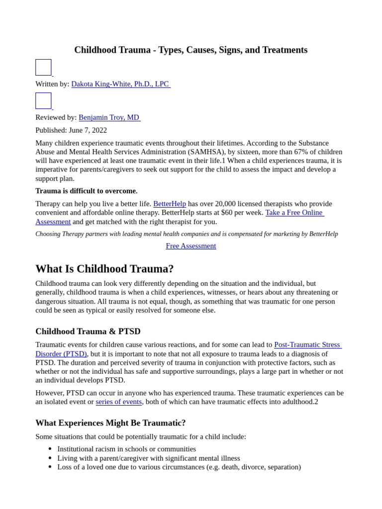 Childhood Trauma - Types, Causes, Signs, and Treatments | PDF ...