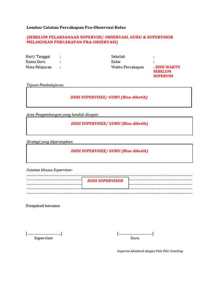 Petunjuk Lembar Pengisian Format Supervisi | PDF