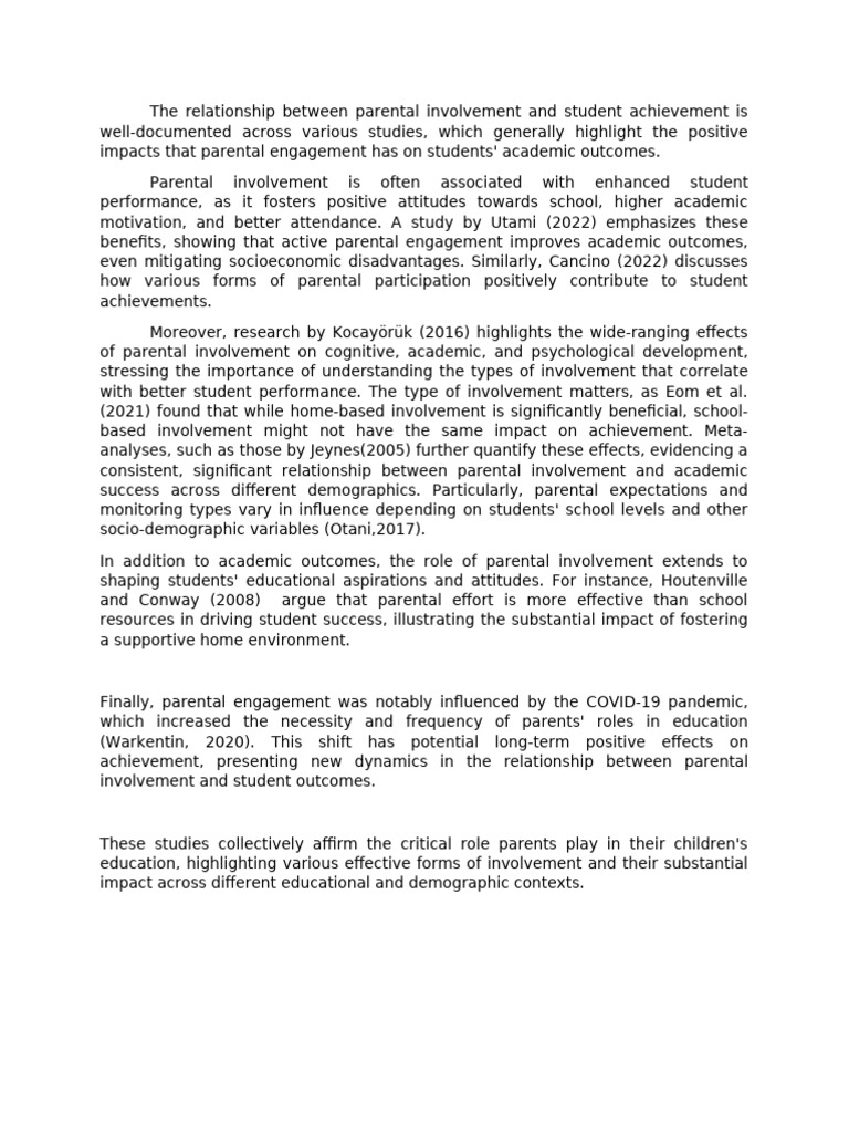 The Relationship Between Parental Involvement and Student Achievement | PDF | Socioeconomic ...