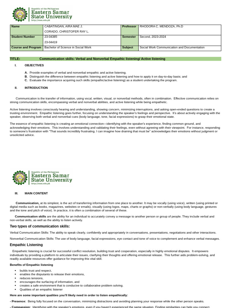 Empathic Listening and Active Listening Comprehensive Report | PDF ...