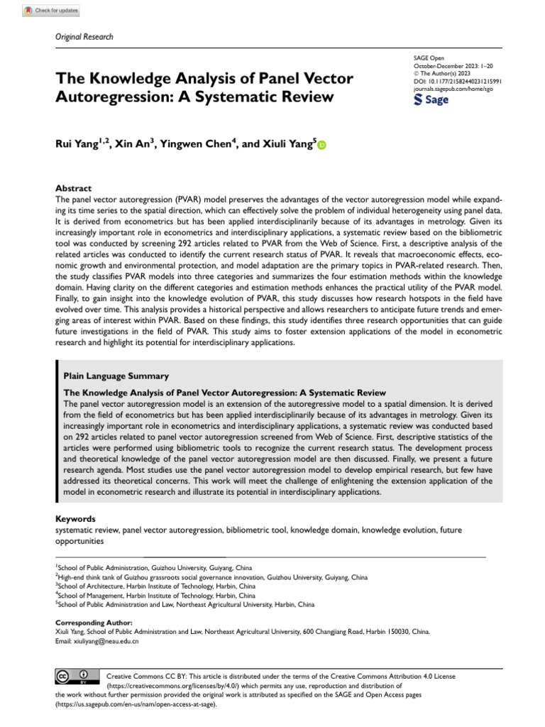 Yang Et Al 2023 The Knowledge Analysis of Panel Vector Autoregression A Systematic Review | PDF ...