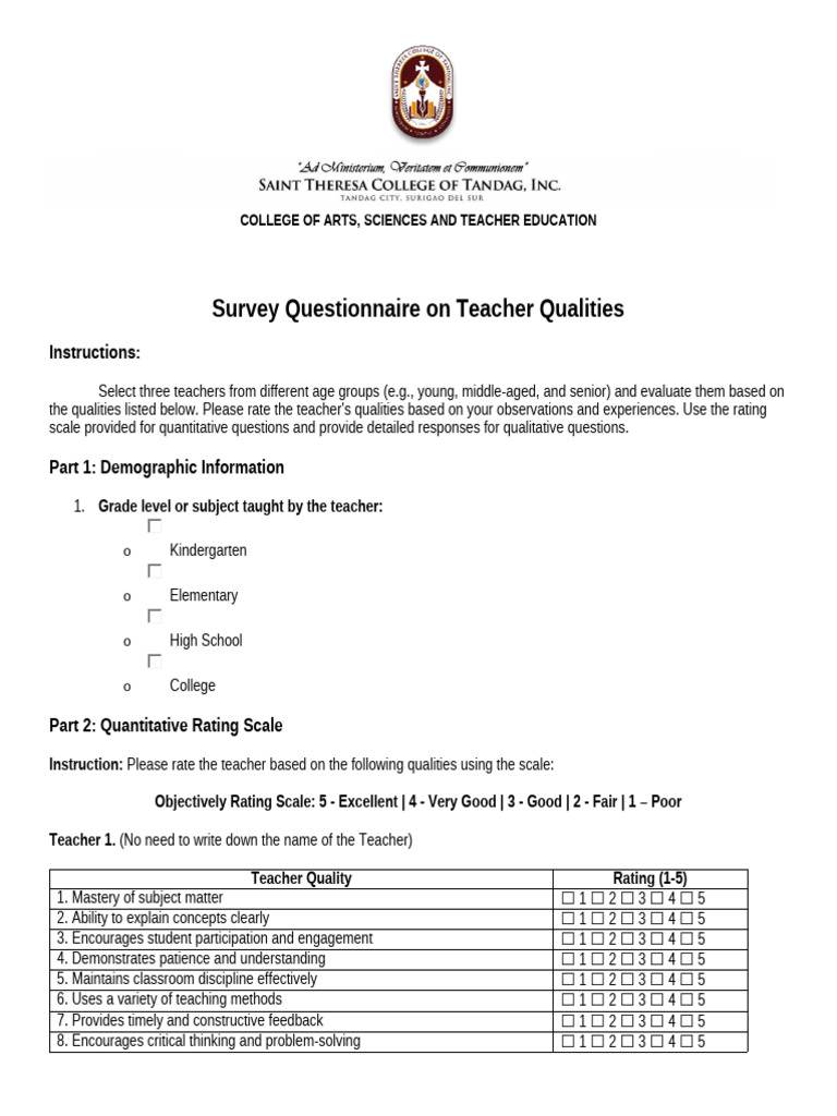 Teacher Qualities Evaluation Survey | PDF | Teachers | Teaching Method