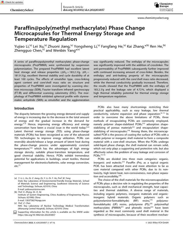 ChemistrySelect - 2023 - Li - Paraffin Poly Methyl Methacrylate Phase ...