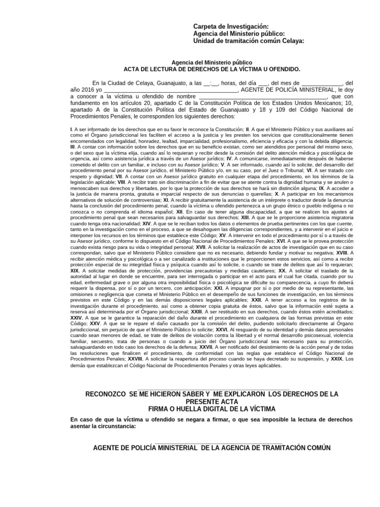 Acta de Lectura Derechos Victima U Ofendido VF | PDF | Asistencia legal ...
