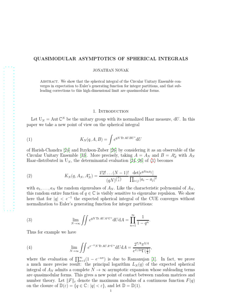 QUASIMODULAR ASYMPTOTICS OF SPHERICAL INTEGRALS | PDF | Algebra | Discrete Mathematics