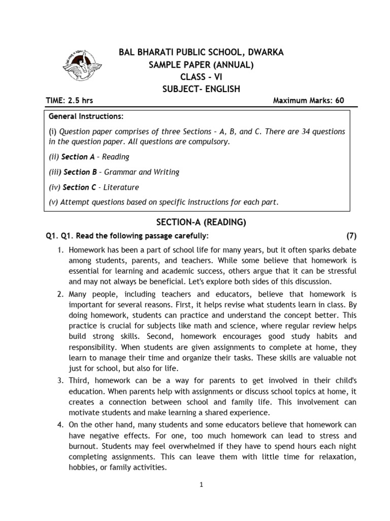 Class 6 English Sample Paper - Annual | PDF | Homework
