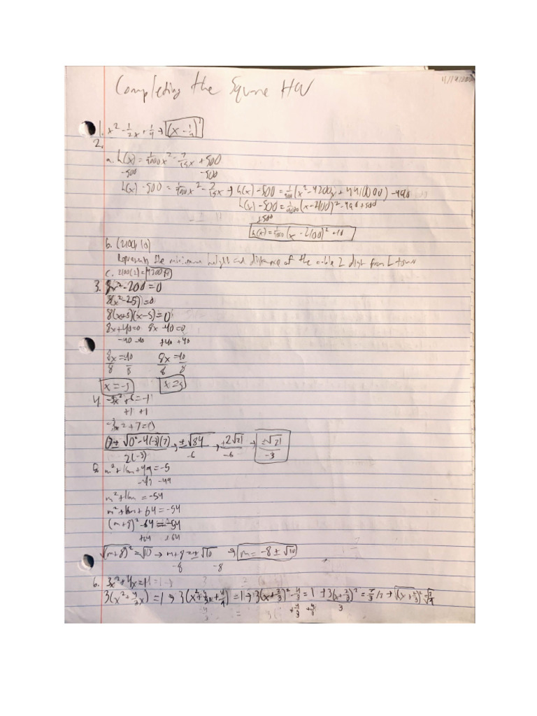 Completing The Square Work | PDF