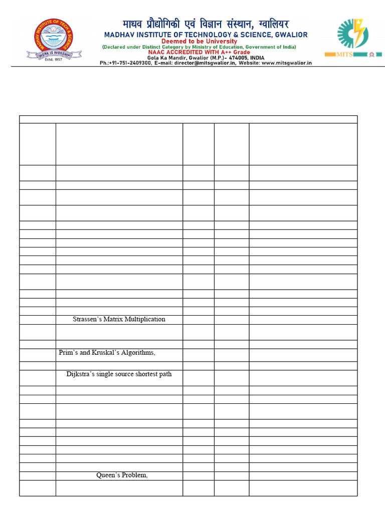 DAA - Lesson Plan - CSE 2024 | PDF | Computational Problems | Algorithms And Data Structures
