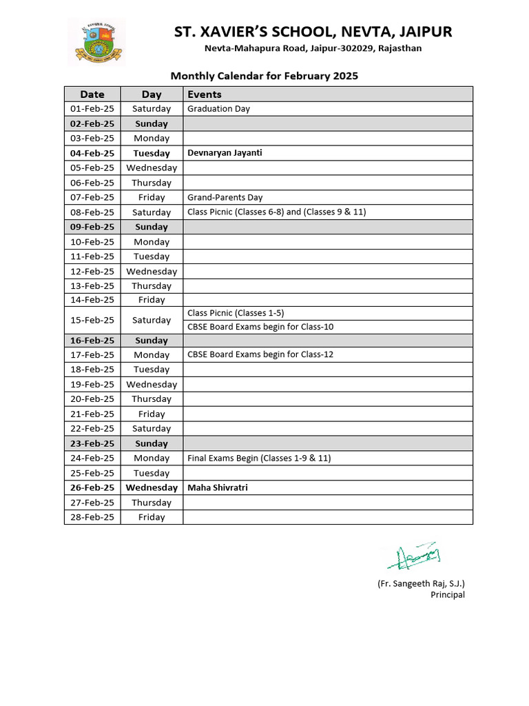 St. Xavier'S School, Nevta, Jaipur: Monthly Calendar For February 2025 ...
