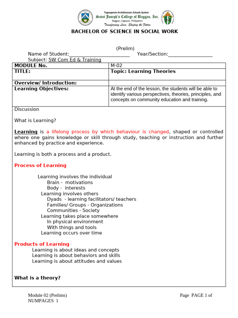 Module 2 Learning Theories | PDF | Learning | Learning Theory (Education)