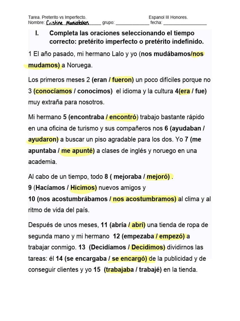 Preterito Vs Imperfecto Ejercicio | PDF