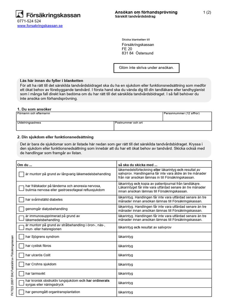 7023-Ansok-Om Forhandsprovning-For-Sarskilt-Tandvardsbidrag | PDF