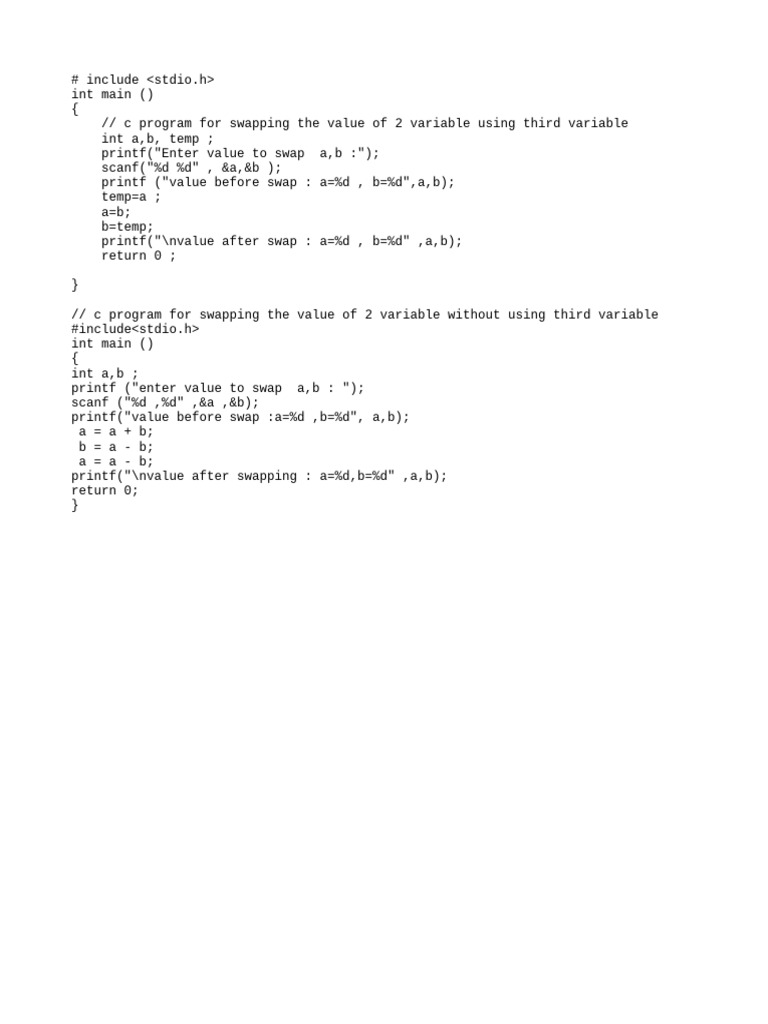 Swapping Value C Program With Or Without Using Third Variable Pdf 4177