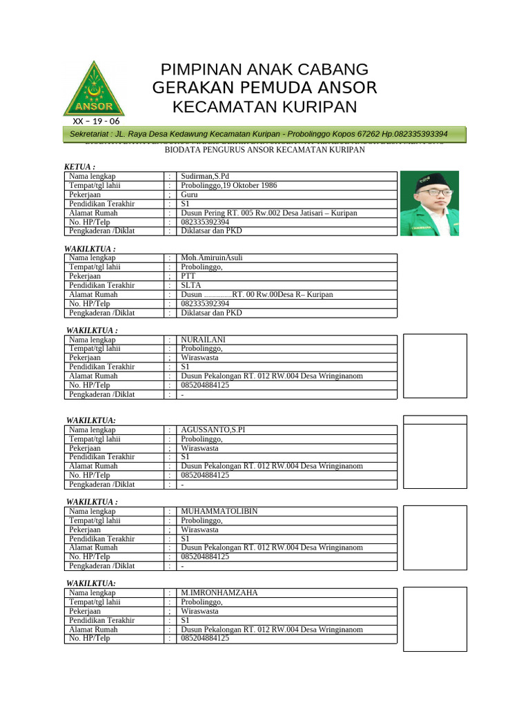 Biodata Prngurus Pac Ansor | PDF