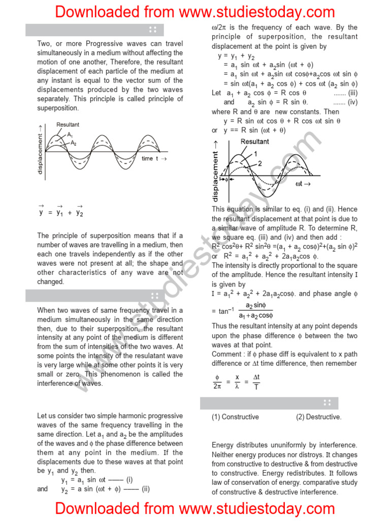 CBSE Class 12 Physics Interference of Light Theory and Examples | PDF ...