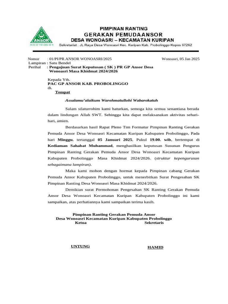 Pengajuan SK PR GP Ansor Wonoasri 2024-2026 | PDF