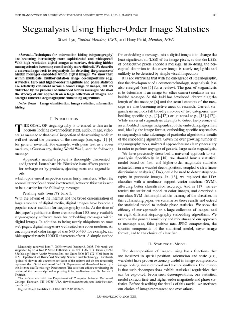 Steg Analysis Using Higher Order Image Statistics | PDF | Support Vector Machine | Wavelet