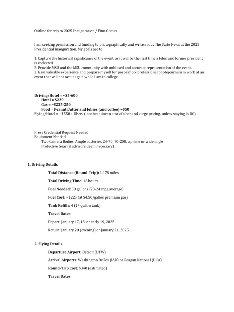 Outline For Trip To 2025 Inauguration | PDF