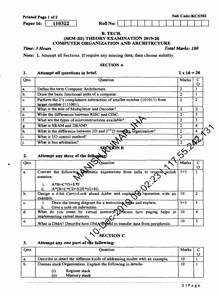 Computer Organization and Architecture Kcs 302 2019 | PDF