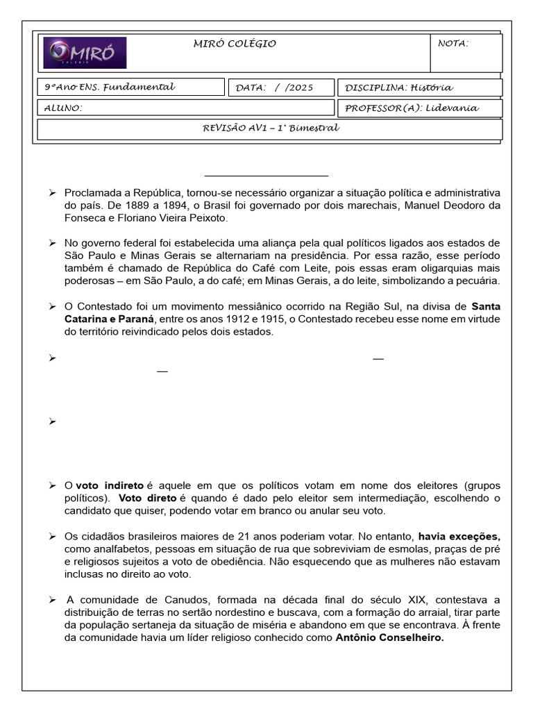 Revisão Av1 9º Ano 1º B. | PDF | Brasil