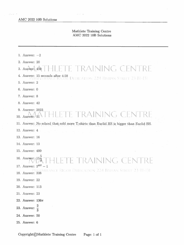 MTC 2022 AMC 10B Answers | PDF