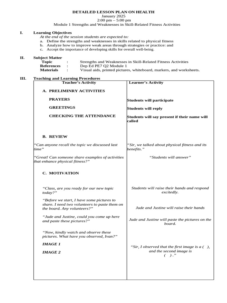 Health Lesson Plan: Skills Analysis | PDF | Lesson Plan | Learning