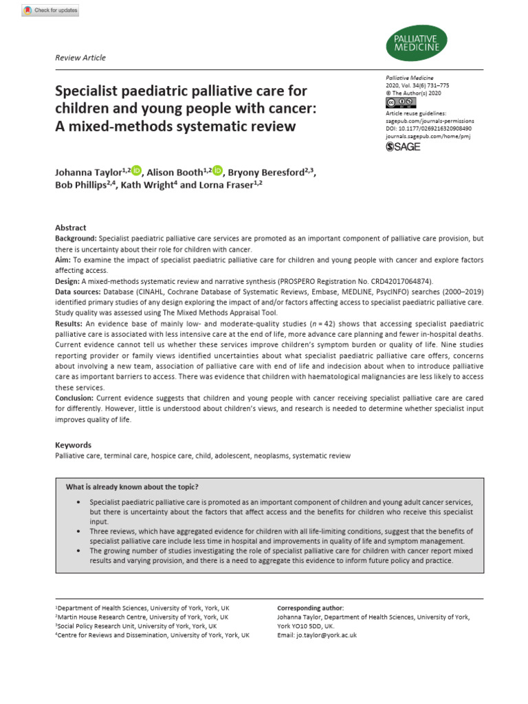Specialist Pediatric Palliative Care For Children and Young People With ...
