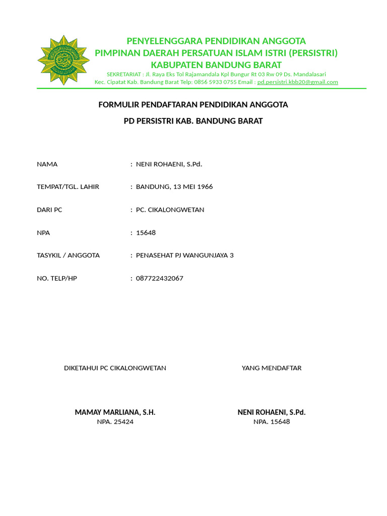 Formulir Persistri | PDF