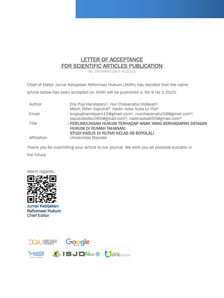 Letter of Acceptance For Scientific Articles Publication: No. 09/Jkrh/Loa/1-Ix/2025 | PDF