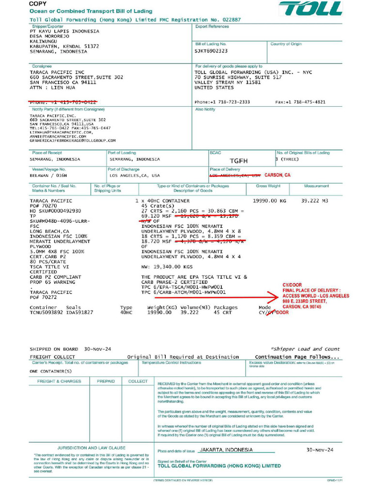 Bill of Lading Toll - SJKT6902323 | PDF
