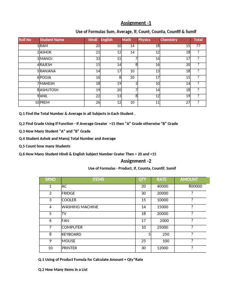 50 Ms Excel Assignments PDF for Practice Free Download | PDF | Fruit ...