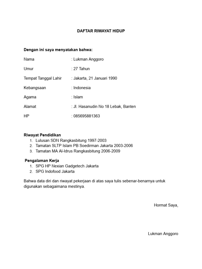 Contoh Daftar Riwayat Hidup Word Doc | PDF
