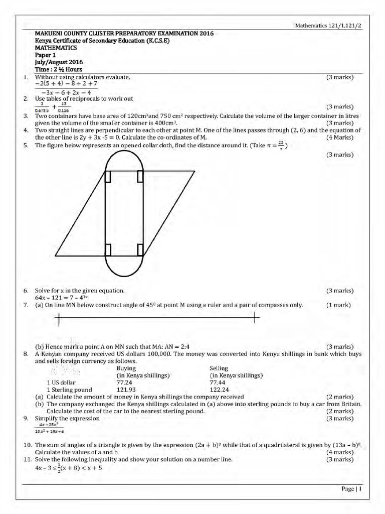 2016 Makueni County Cluster Preparatory Maths Paper1 | PDF