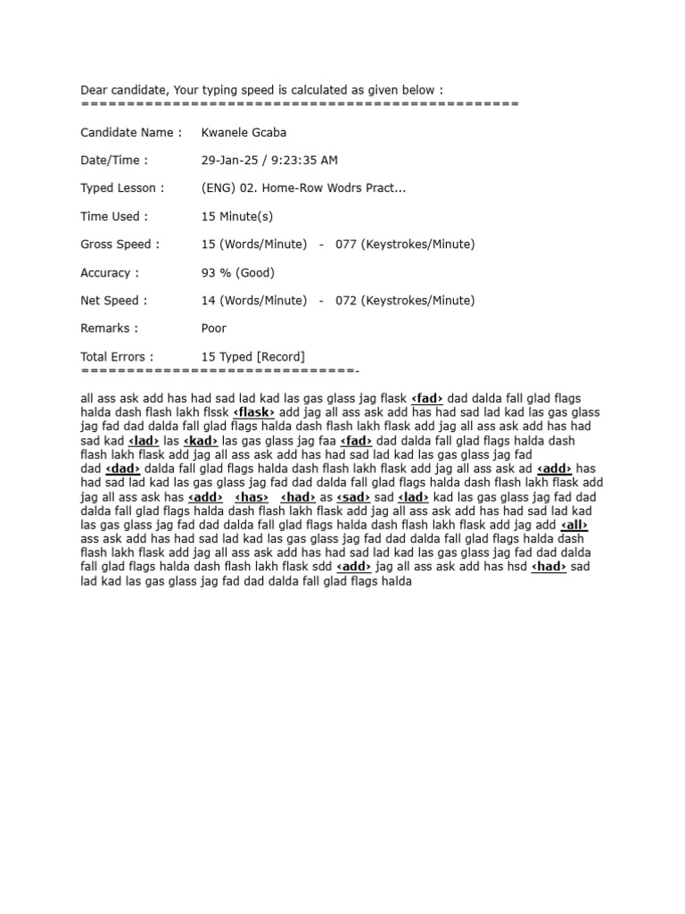 Typing Speed Report for Kwanele Gcaba | PDF
