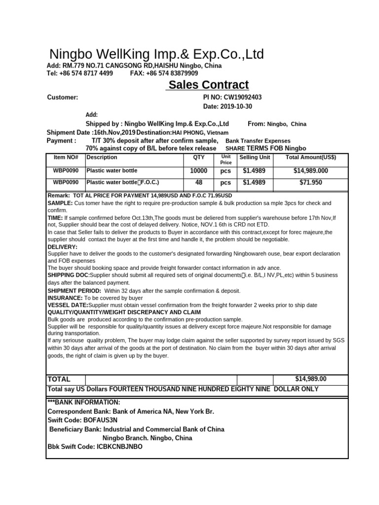 Ningbo Wellking Imp.& Exp - Co.,Ltd: Sales Contract | PDF | Business