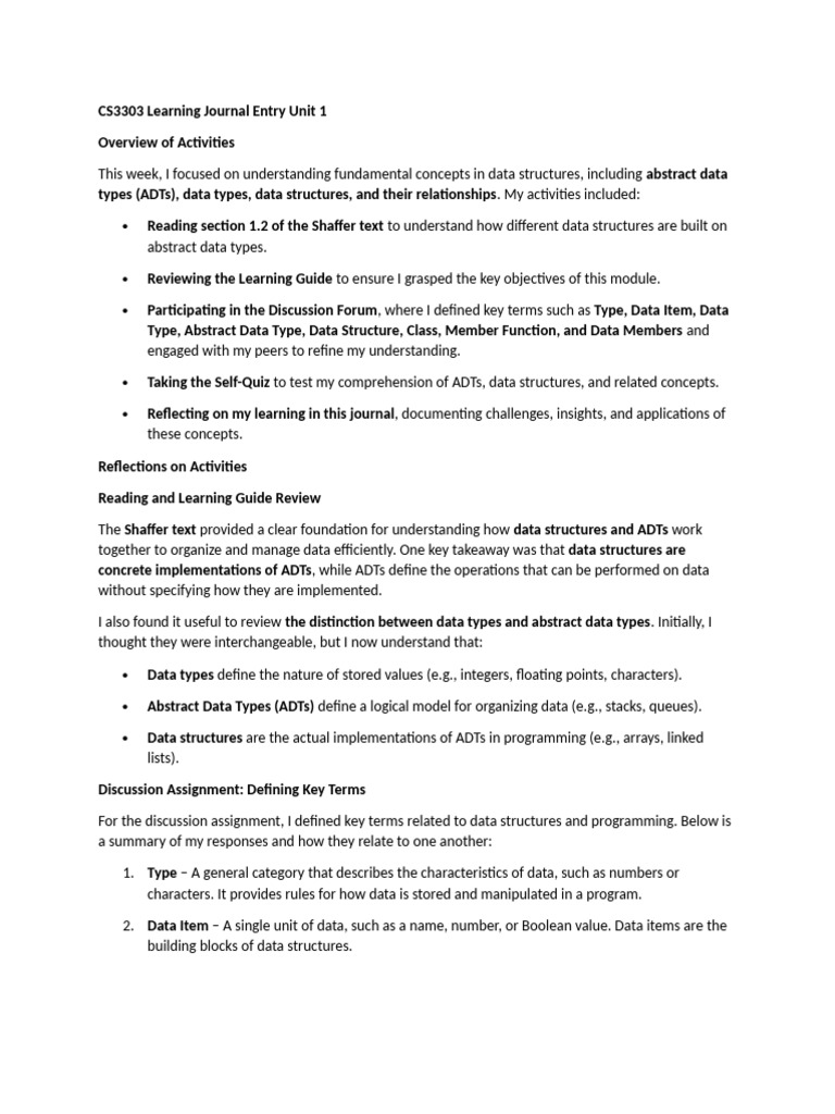 CS3303 Learning Journal Entry Unit 1 | PDF | Data Type | Data Structure