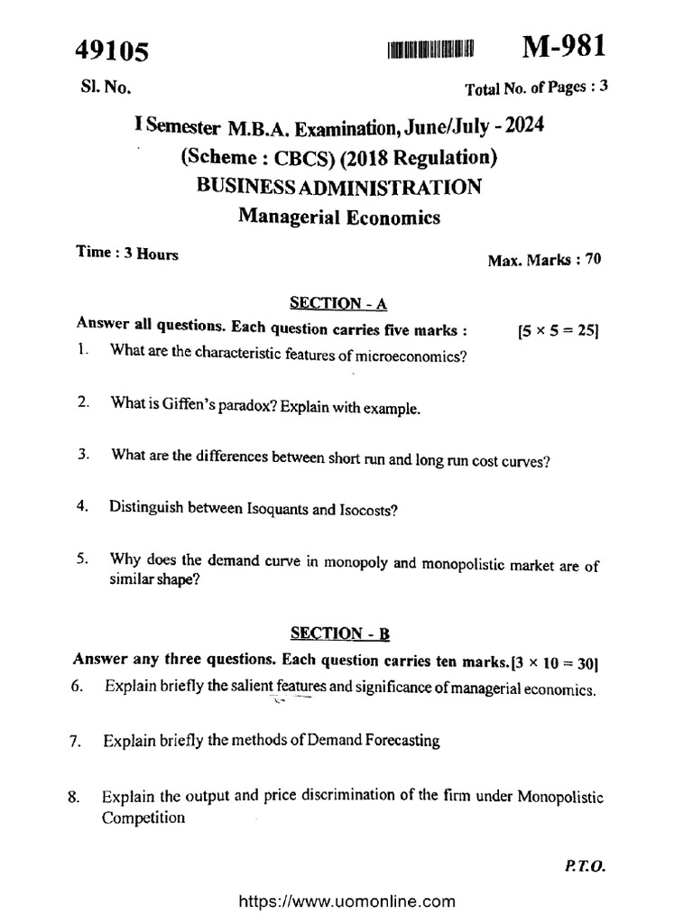 Mba 1 Sem Business Administration Managerial Economics M 981 Jul 2024 | PDF