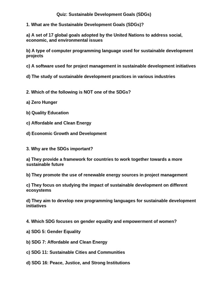 Sustainable Development Goals Quiz | PDF | Sustainability | Global ...