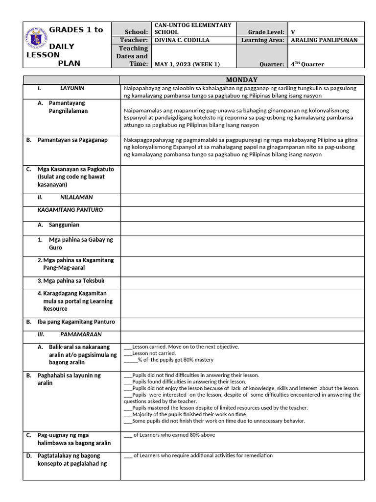 Grade 5 Araling Panlipunan DLL Q4 | PDF | Learning | Teachers