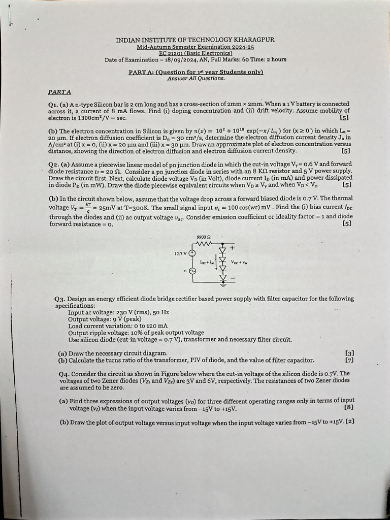 9991 Ec21201 Basic Electronics 2024 Autumn Midsem Pdf Diode P N